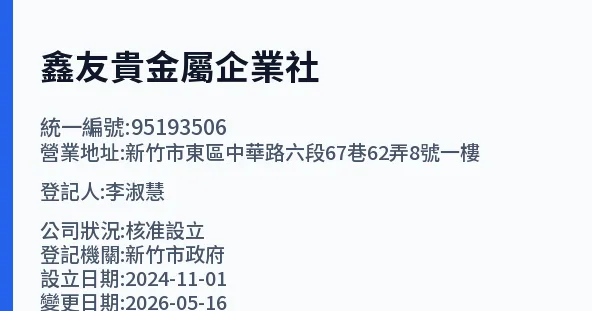 鑫友貴金屬企業社的照片-統編 95193506(新竹市) 公司登記資料與營業項目詳細圖表