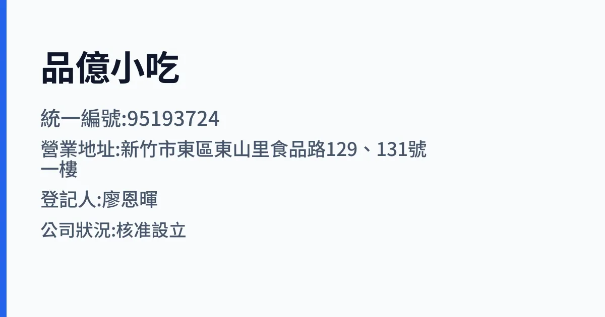 品億小吃 - 統編 95193724(新竹市) 公司登記資料與營業項目詳細圖表