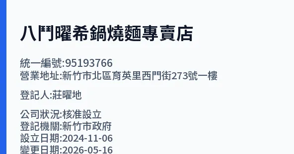 八鬥曜希鍋燒麵專賣店的照片-統編 95193766(新竹市) 公司登記資料與營業項目詳細圖表