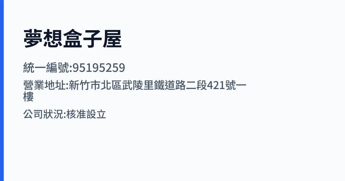 夢想盒子屋 - 統編 95195259（新竹市） 公司登記資料與營業項目詳細圖表