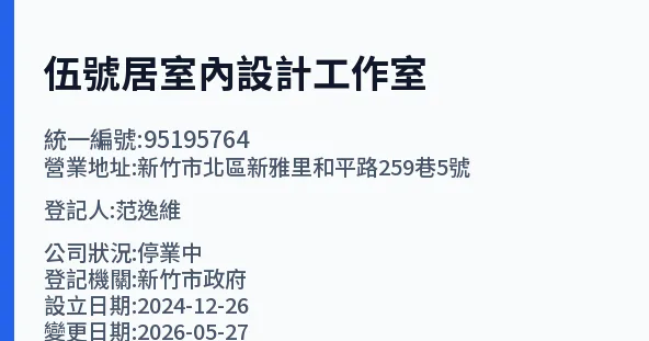 伍號居室內設計工作室的照片-統編 95195764(新竹市) 公司登記資料與營業項目詳細圖表