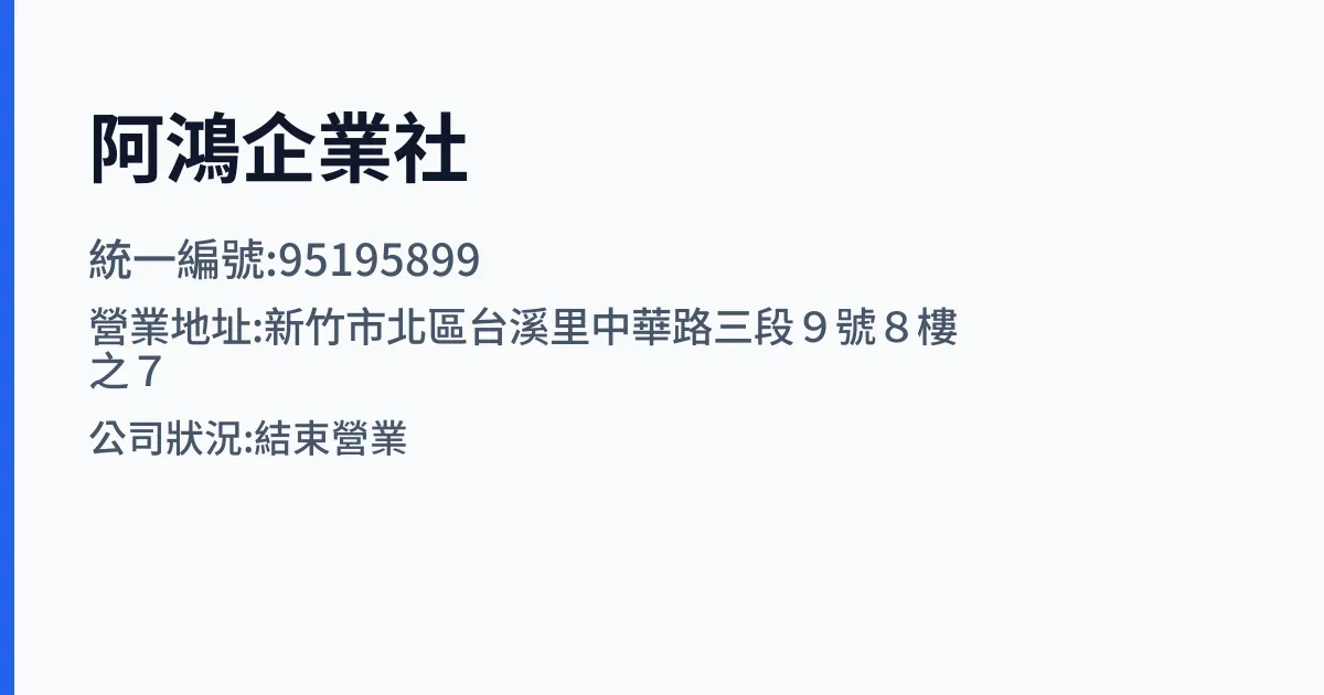 阿鴻企業社 - 統編 95195899(新竹市) 公司登記資料與營業項目詳細圖表