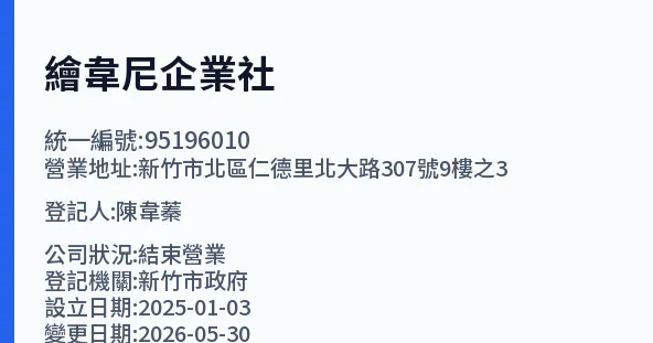 繪韋尼企業社的照片-統編 95196010(新竹市) 公司登記資料與營業項目詳細圖表