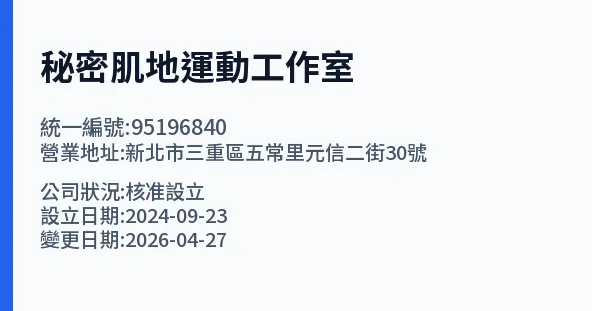 秘密肌地運動工作室的照片-統編 95196840(新北市) 公司登記資料與營業項目詳細圖表