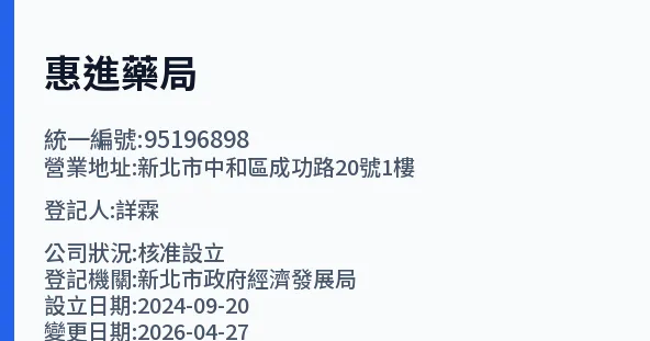 惠進藥局的照片-統編 95196898(新北市) 公司登記資料與營業項目詳細圖表