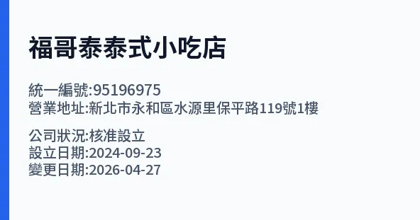 福哥泰泰式小吃店的照片-統編 95196975(新北市) 公司登記資料與營業項目詳細圖表