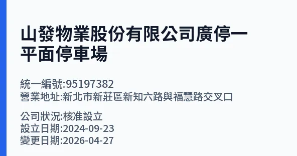 山發物業股份有限公司廣停一平面停車場的照片-統編 95197382(新北市) 公司登記資料與營業項目詳細圖表