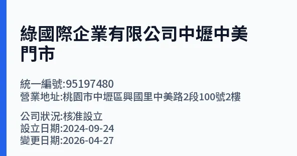 綠國際企業有限公司中壢中美門市的照片-統編 95197480(桃園市) 公司登記資料與營業項目詳細圖表