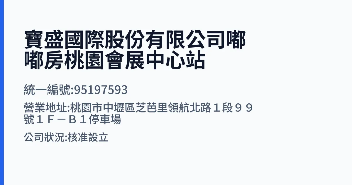 寶盛國際股份有限公司嘟嘟房桃園會展中心站 - 統編 95197593(桃園市) 公司登記資料與營業項目詳細圖表