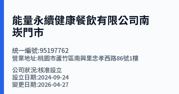 能量永續健康餐飲有限公司南崁門市的照片-統編 95197762(桃園市) 公司登記資料與營業項目詳細圖表