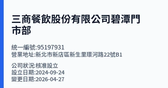 三商餐飲股份有限公司碧潭門市部的照片-統編 95197931(新北市) 公司登記資料與營業項目詳細圖表