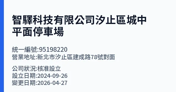 智驛科技有限公司汐止區城中平面停車場的照片-統編 95198220(新北市) 公司登記資料與營業項目詳細圖表
