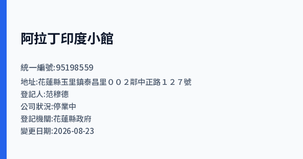 阿拉丁印度小館的照片-統編 95198559(花蓮縣) 公司登記資料與營業項目詳細圖表