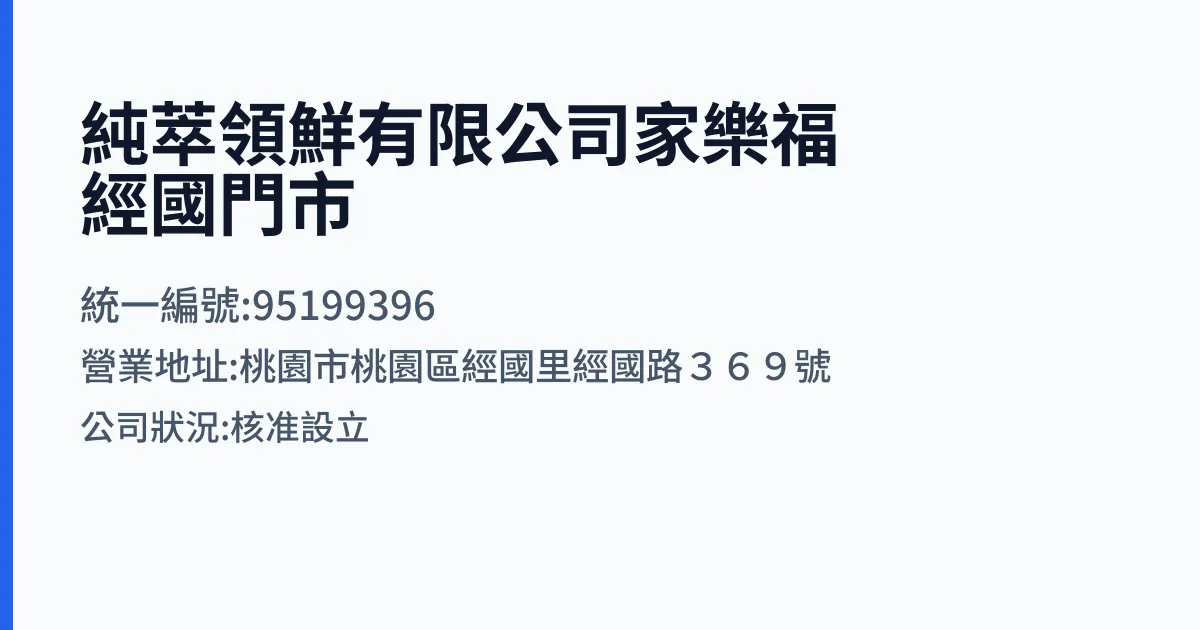 純萃領鮮有限公司家樂福經國門市 - 統編 95199396(桃園市) 公司登記資料與營業項目詳細圖表