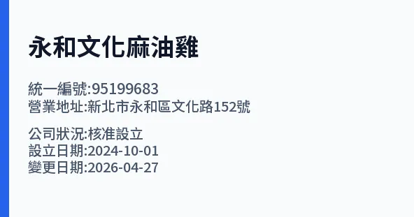 永和文化麻油雞的照片-統編 95199683(新北市) 公司登記資料與營業項目詳細圖表
