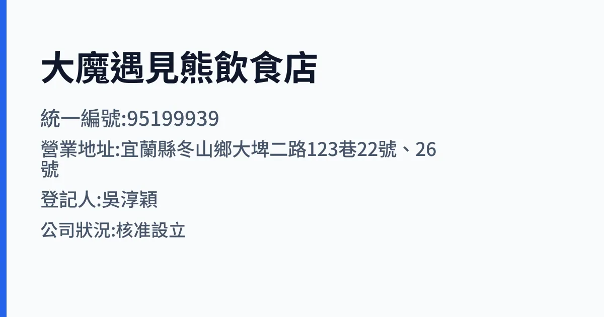 大魔遇見熊飲食店 - 統編 95199939(宜蘭縣) 公司登記資料與營業項目詳細圖表