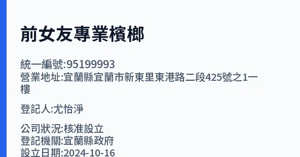 前女友專業檳榔的照片-統編 95199993(宜蘭縣) 公司登記資料與營業項目詳細圖表