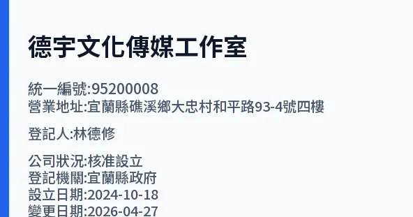 德宇文化傳媒工作室的照片-統編 95200008(宜蘭縣) 公司登記資料與營業項目詳細圖表