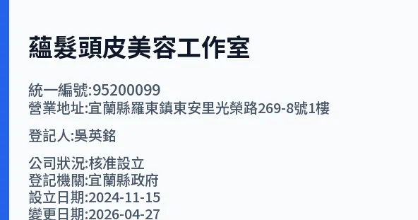 蘊髮頭皮美容工作室的照片-統編 95200099(宜蘭縣) 公司登記資料與營業項目詳細圖表