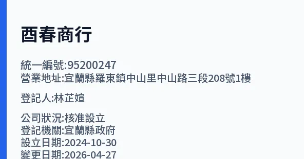 酉春商行的照片-統編 95200247(宜蘭縣) 公司登記資料與營業項目詳細圖表