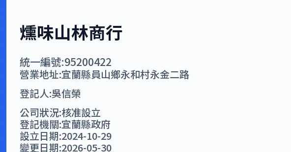 燻味山林商行的照片-統編 95200422(宜蘭縣) 公司登記資料與營業項目詳細圖表