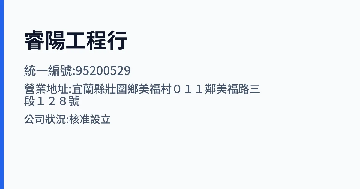 睿陽工程行 - 統編 95200529(宜蘭縣) 公司登記資料與營業項目詳細圖表