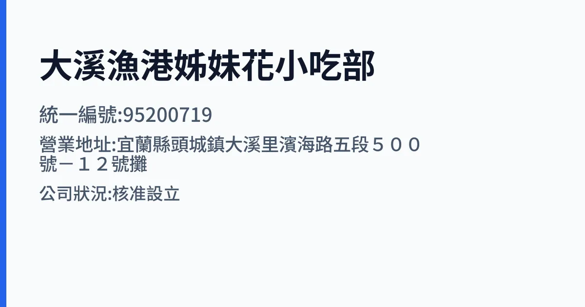大溪漁港姊妹花小吃部 - 統編 95200719(宜蘭縣) 公司登記資料與營業項目詳細圖表