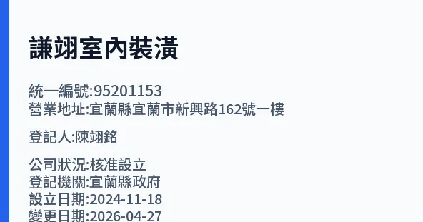 謙翊室內裝潢的照片-統編 95201153(宜蘭縣) 公司登記資料與營業項目詳細圖表