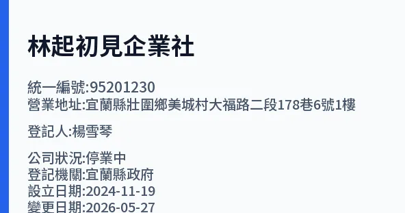 林起初見企業社的照片-統編 95201230(宜蘭縣) 公司登記資料與營業項目詳細圖表