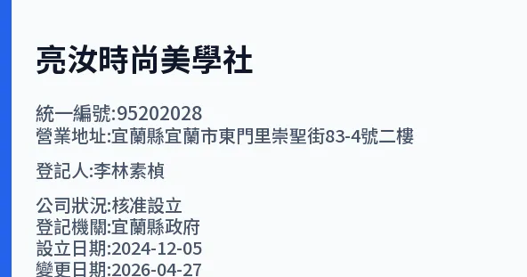 亮汝時尚美學社的照片-統編 95202028(宜蘭縣) 公司登記資料與營業項目詳細圖表