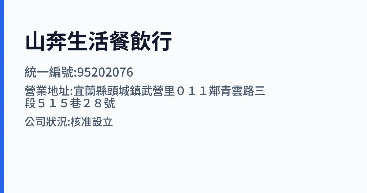 山奔生活餐飲行 - 統編 95202076（宜蘭縣） 公司登記資料與營業項目詳細圖表