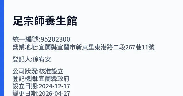 足宗師養生館的照片-統編 95202300(宜蘭縣) 公司登記資料與營業項目詳細圖表