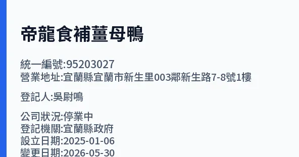 帝龍食補薑母鴨的照片-統編 95203027(宜蘭縣) 公司登記資料與營業項目詳細圖表