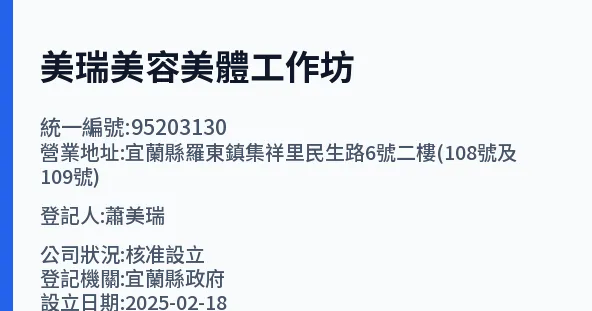 美瑞美容美體工作坊的照片-統編 95203130(宜蘭縣) 公司登記資料與營業項目詳細圖表