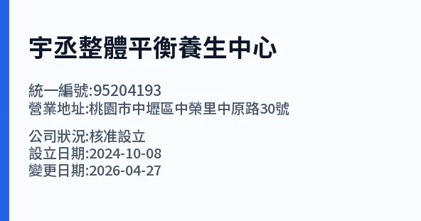 宇丞整體平衡養生中心的照片-統編 95204193(桃園市) 公司登記資料與營業項目詳細圖表