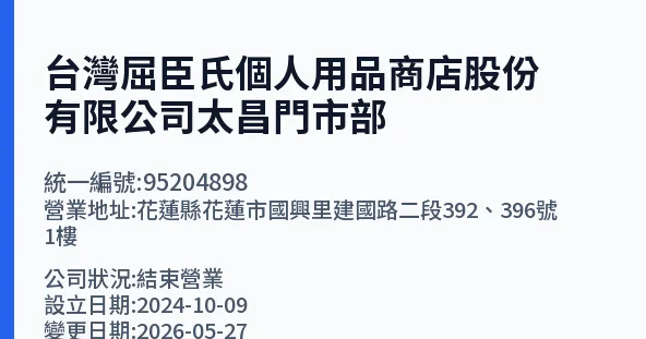 台灣屈臣氏個人用品商店股份有限公司太昌門市部的照片-統編 95204898(花蓮縣) 公司登記資料與營業項目詳細圖表