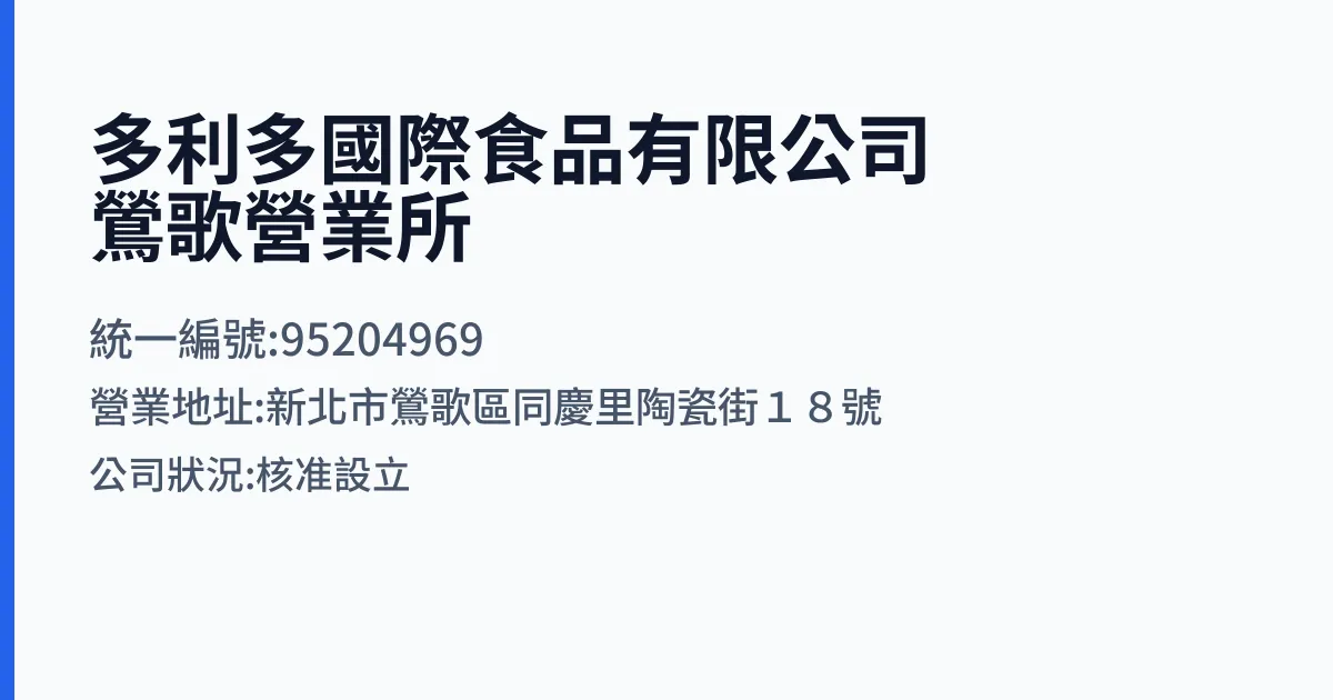 多利多國際食品有限公司鶯歌營業所 - 統編 95204969（新北市） 公司登記資料與營業項目詳細圖表