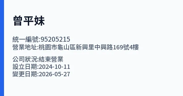 曾平妹的照片-統編 95205215(桃園市) 公司登記資料與營業項目詳細圖表