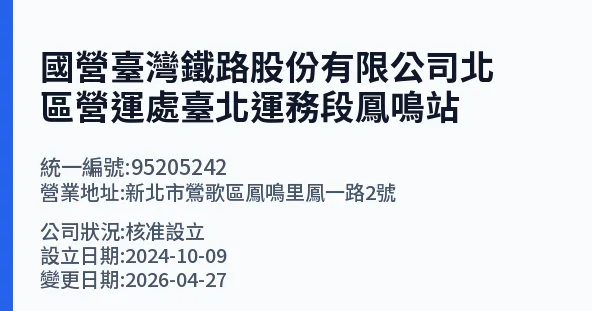 國營臺灣鐵路股份有限公司北區營運處臺北運務段鳳鳴站的照片-統編 95205242(新北市) 公司登記資料與營業項目詳細圖表