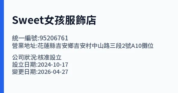 Sweet女孩服飾店的照片-統編 95206761(花蓮縣) 公司登記資料與營業項目詳細圖表