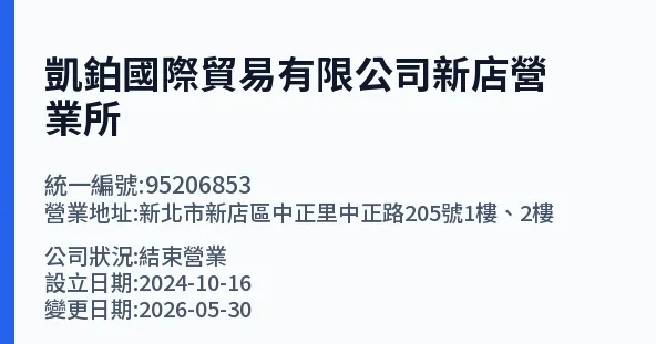 凱鉑國際貿易有限公司新店營業所的照片-統編 95206853(新北市) 公司登記資料與營業項目詳細圖表