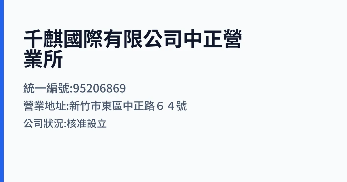 千麒國際有限公司中正營業所 - 統編 95206869(新竹市) 公司登記資料與營業項目詳細圖表