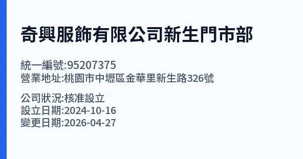 奇興服飾有限公司新生門市部的照片-統編 95207375(桃園市) 公司登記資料與營業項目詳細圖表