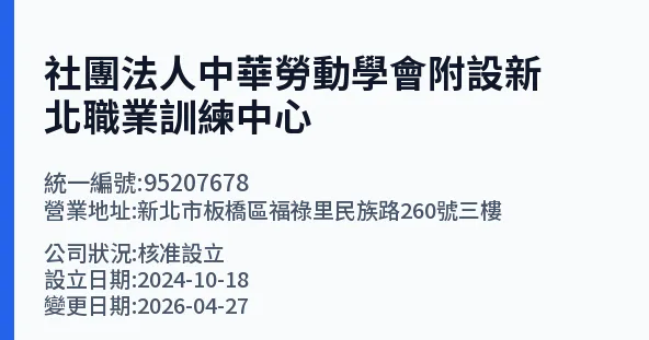 社團法人中華勞動學會附設新北職業訓練中心的照片-統編 95207678(新北市) 公司登記資料與營業項目詳細圖表
