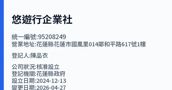 悠遊行企業社的照片-統編 95208249(花蓮縣) 公司登記資料與營業項目詳細圖表
