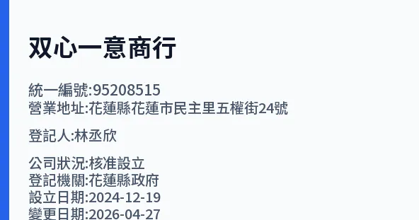 双心一意商行的照片-統編 95208515(花蓮縣) 公司登記資料與營業項目詳細圖表