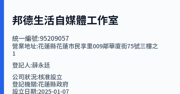 邦德生活自媒體工作室的照片-統編 95209057(花蓮縣) 公司登記資料與營業項目詳細圖表