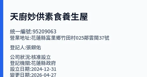天廚妙供素食養生屋的照片-統編 95209063(花蓮縣) 公司登記資料與營業項目詳細圖表