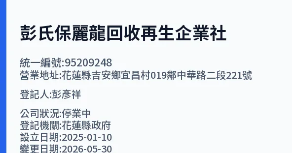 彭氏保麗龍回收再生企業社的照片-統編 95209248(花蓮縣) 公司登記資料與營業項目詳細圖表
