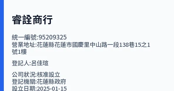 睿詮商行的照片-統編 95209325(花蓮縣) 公司登記資料與營業項目詳細圖表